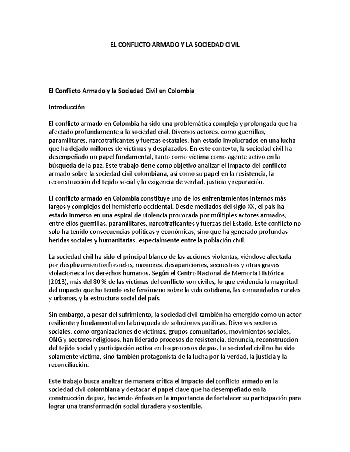 EL CONFLICTO ARMADO Y SU IMPACTO EN LA SOCIEDAD CIVIL EN COLOMBIA - Studocu