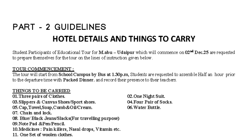 M. Abu Educational Tour Guidelines: Packing & Hotel Info - Studocu