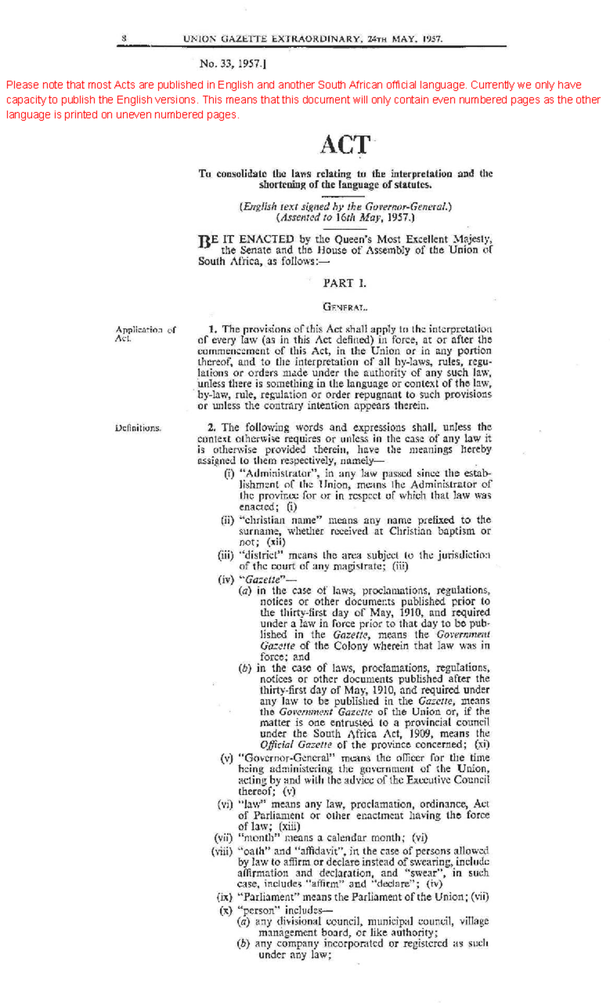 Interpretation Act 33 of 1957: Understanding Statute Language - Studocu