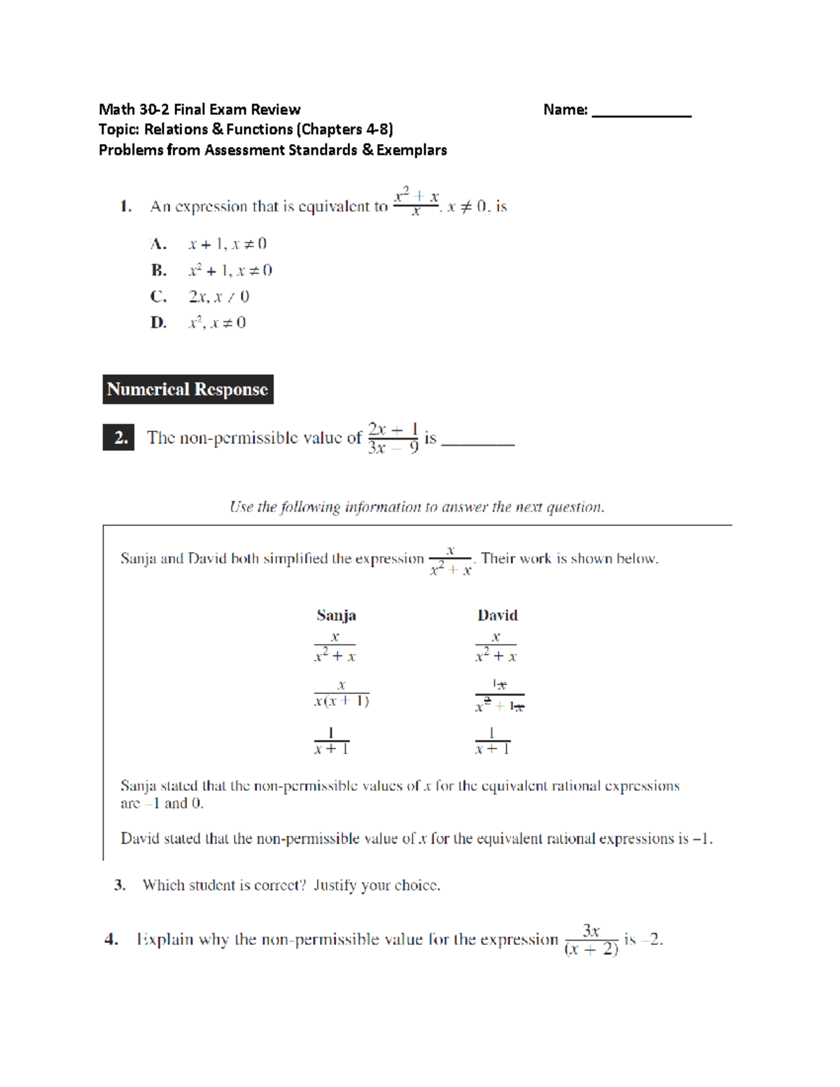 Mathematics 30-2 - Final Exam Review on Relations & Functions - Studocu