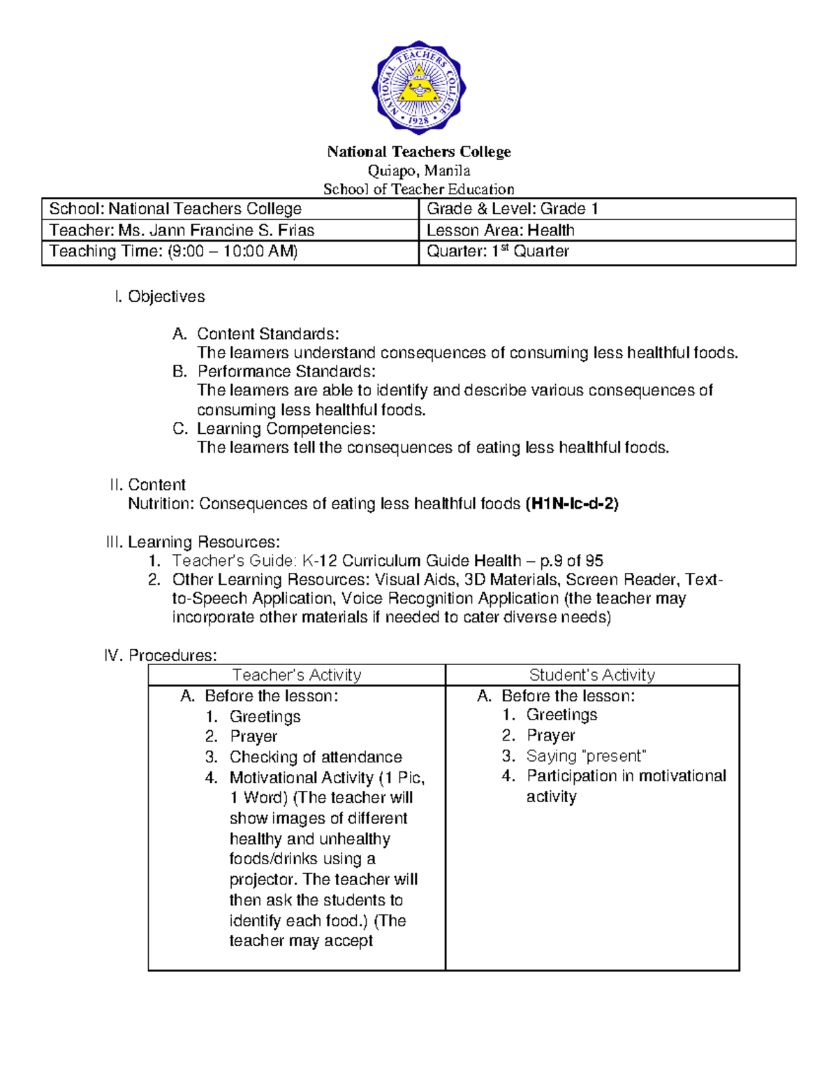 Grade 1 Lesson on Health: Understanding Healthy vs. Unhealthy Foods ...