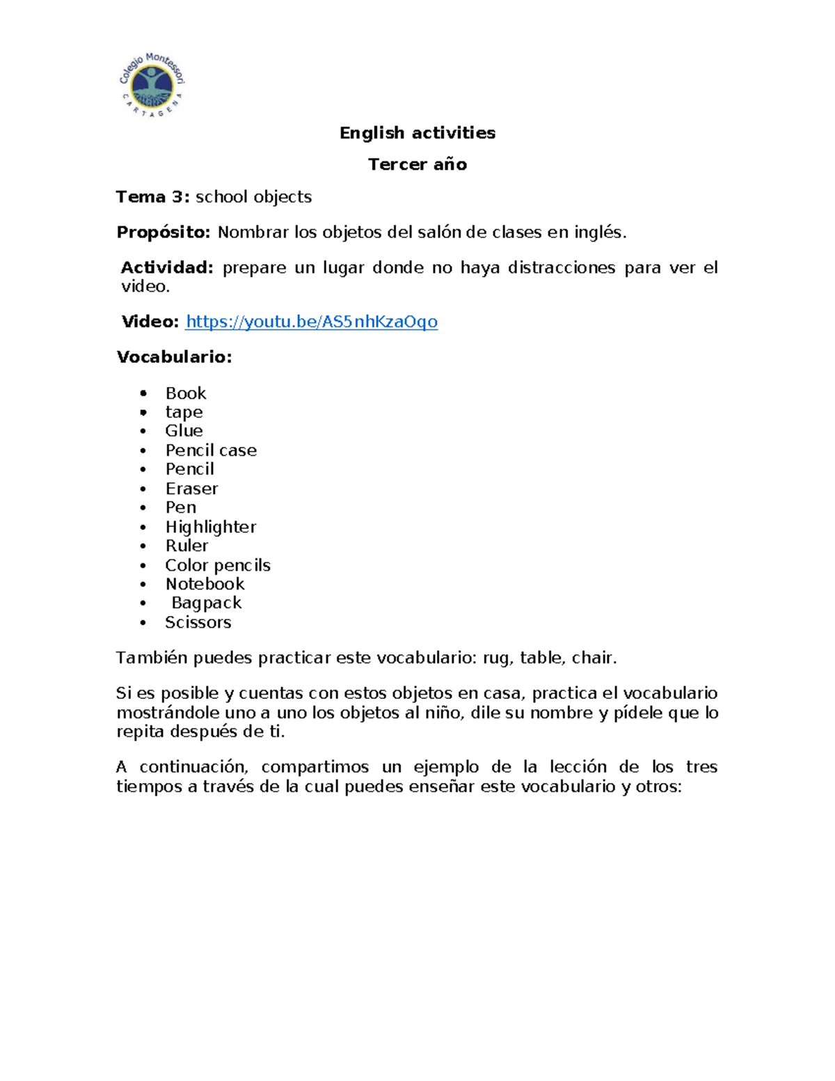 Actividades de Inglés - 3er Año - Objetos de la Escuela - Studocu
