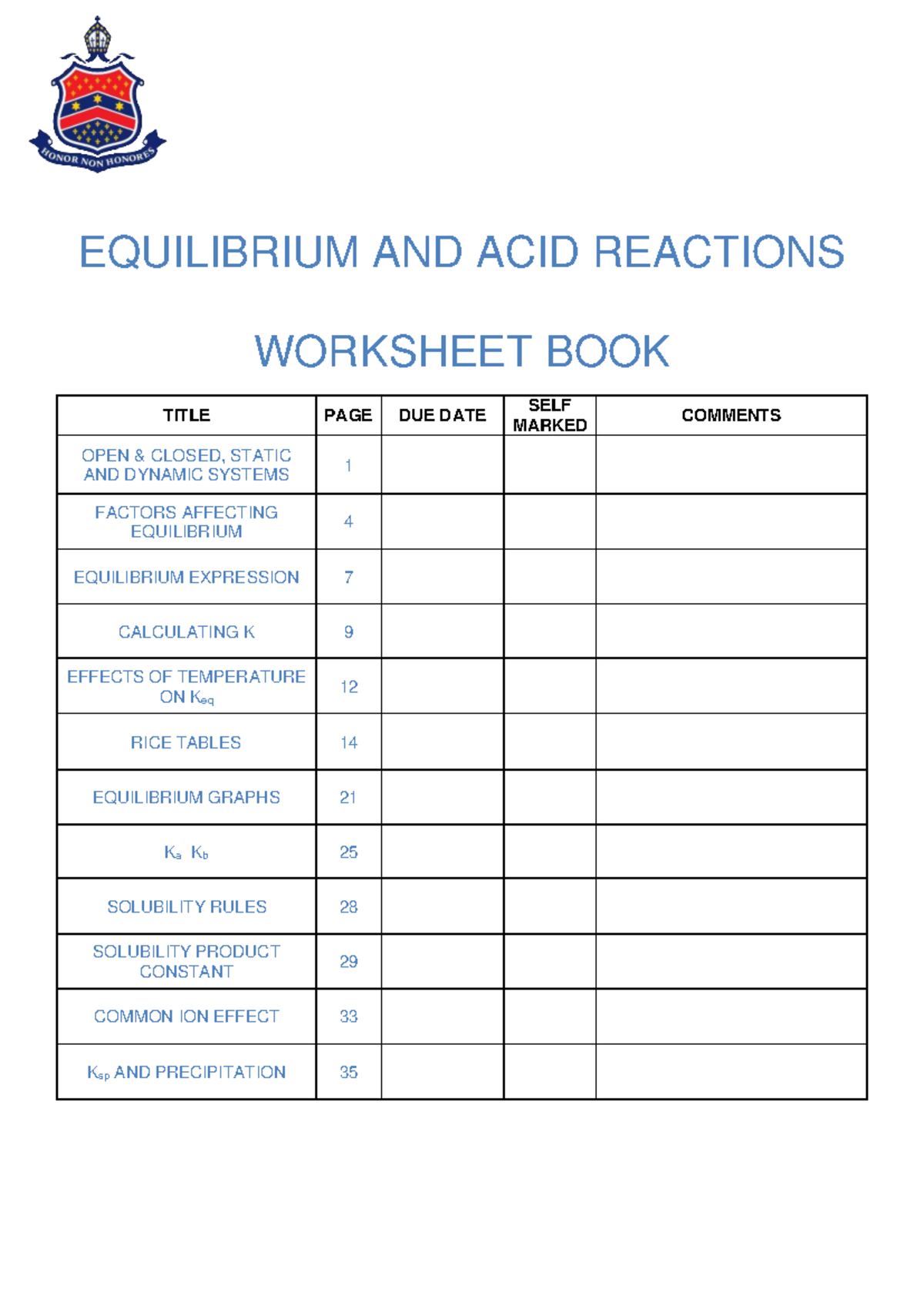 2025 Yr 12 Chemistry Module 5: Equilibrium & Acid Reactions Worksheets ...