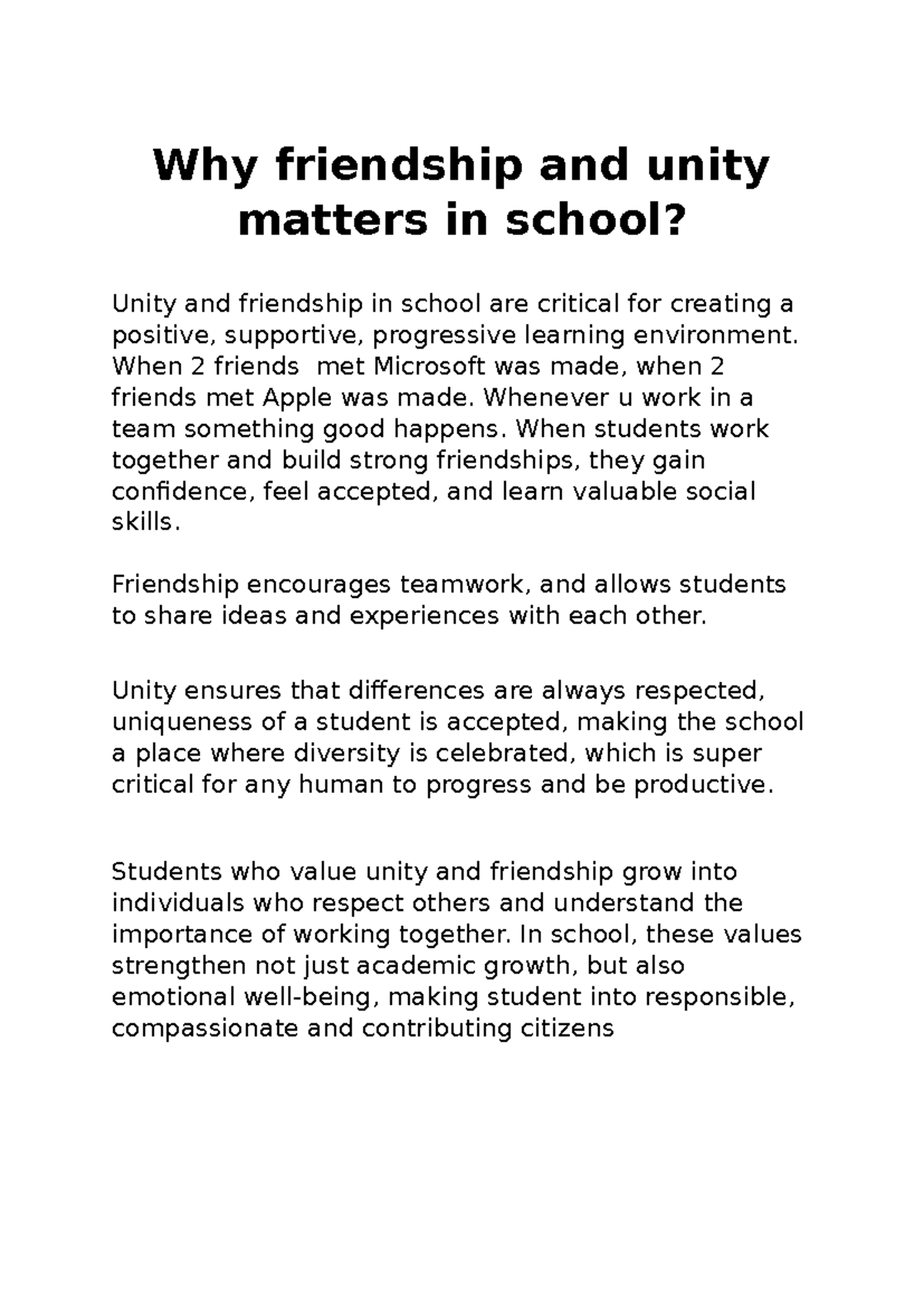 The Importance of Friendship and Unity in School Environments - Studocu