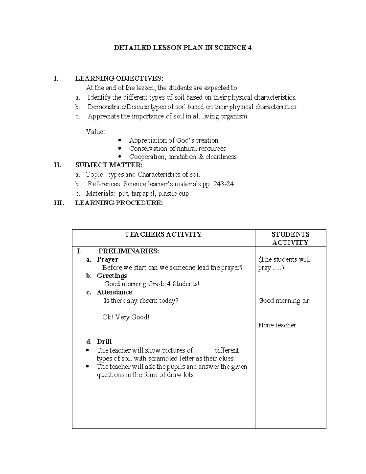 Types of Soil: Detailed Lesson Plan for Science 4 - Studocu