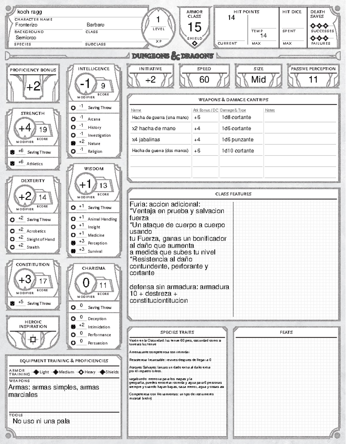 Kooh Ragg Character Sheet: Fronterizo Barbaro Class Details - Studocu
