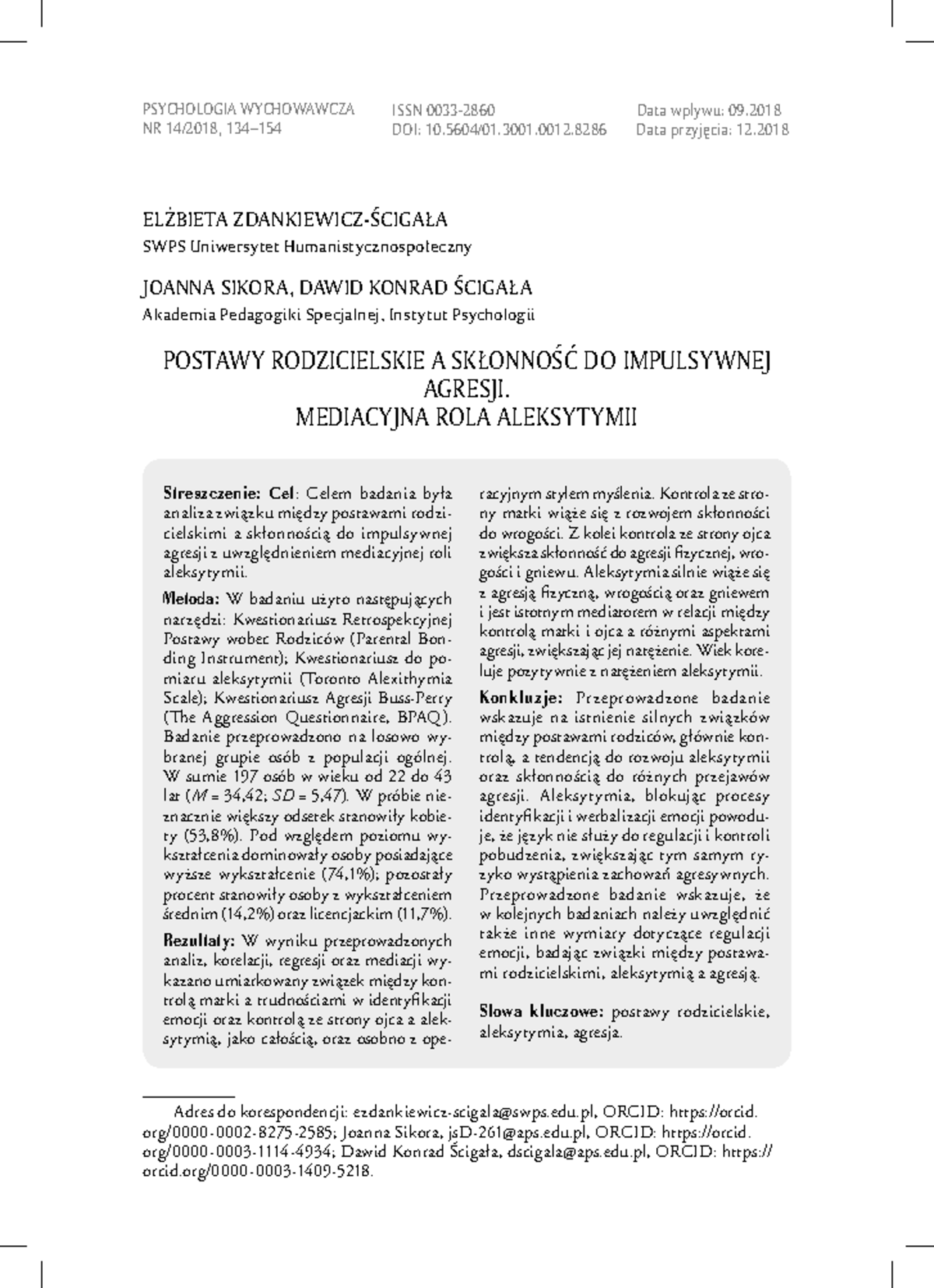 Postawy Rodzicielskie a Impulsywna Agresja: Rola Aleksytymii w ...