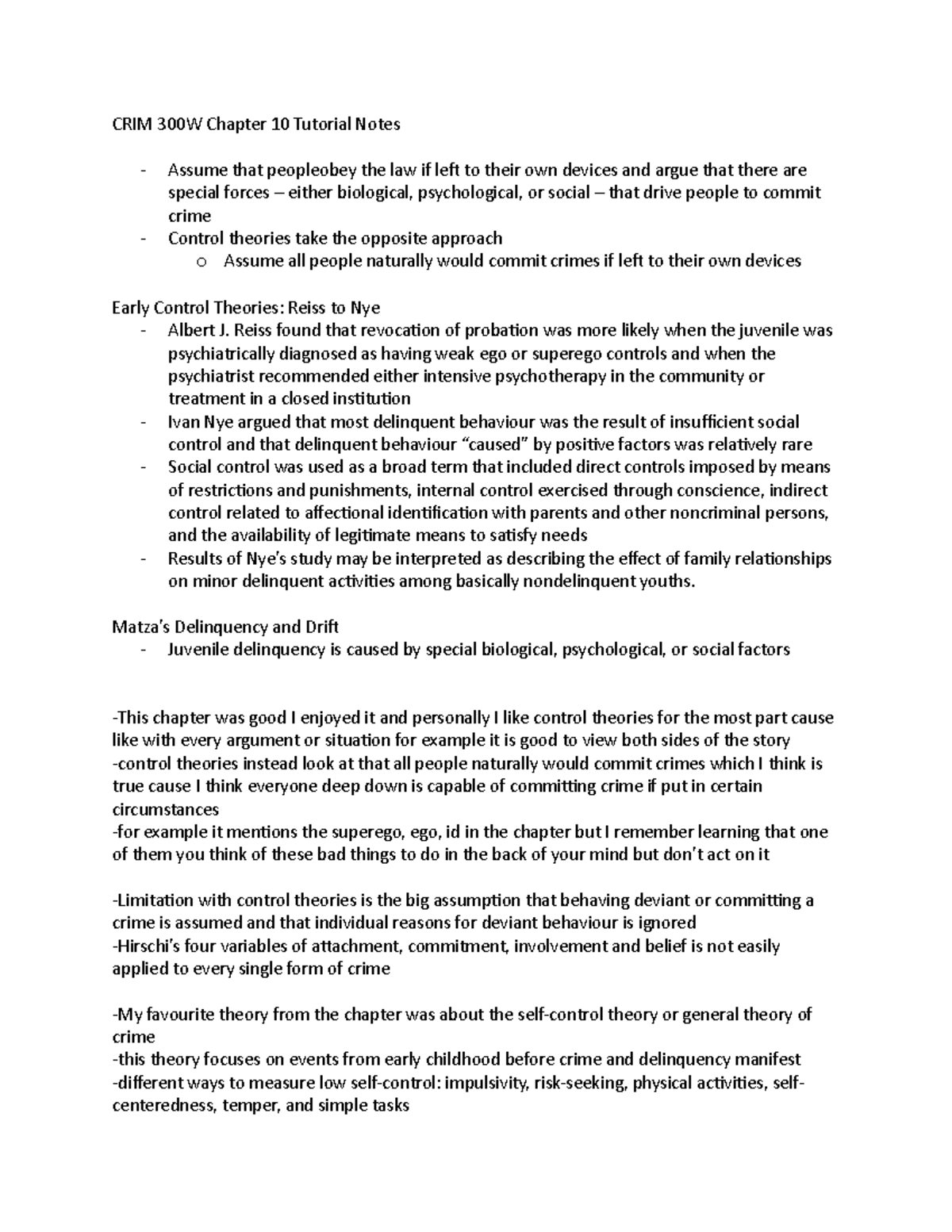 CRIM 300W Chapter 10 Tutorial Notes - Reiss found that revocation of ...