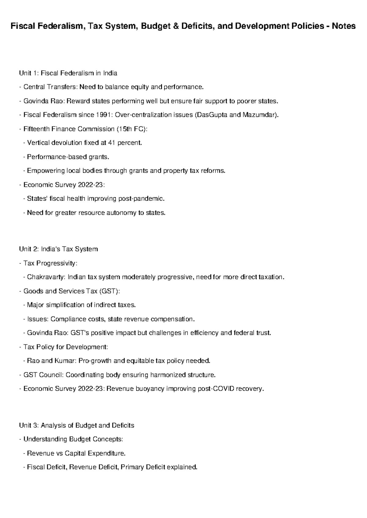 SEM 4 Notes: Fiscal Federalism, Tax System & Budget Deficits Analysis ...