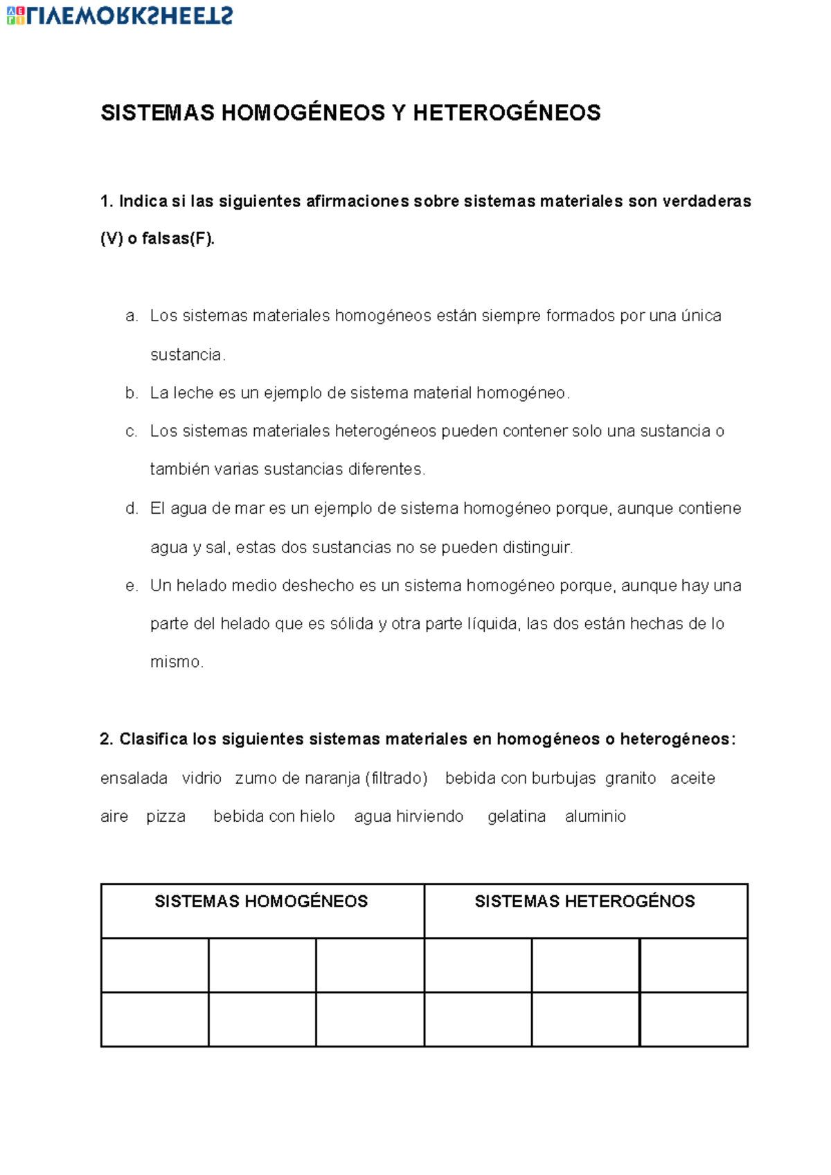Ejercicios sobre Sistemas Materiales: Homogéneos y Heterogéneos - Studocu