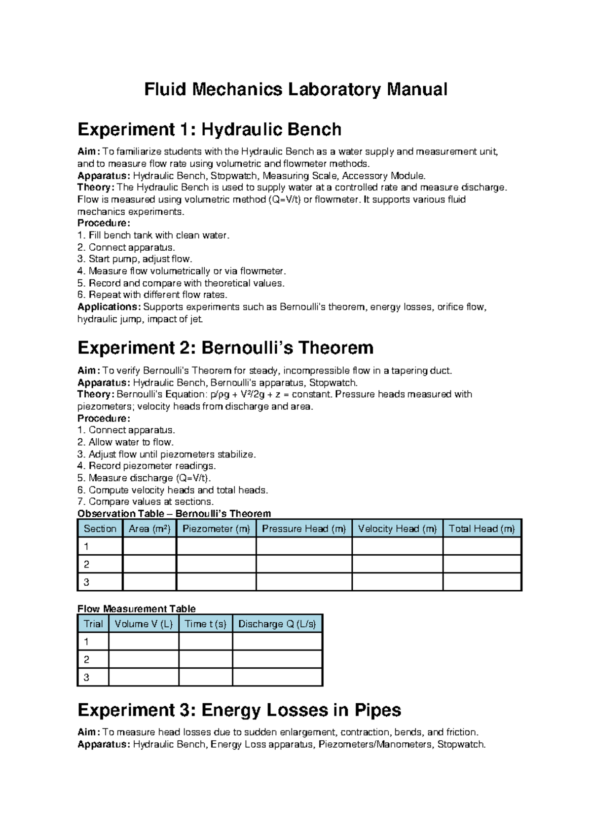 Fluid Mechanics Lab Manual (FM101): Hydraulic Bench Experiments - Studocu