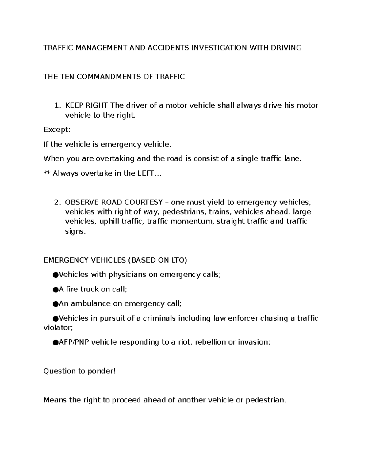 CDI 4 - 10 Commandments of Traffic Management and Safety - Studocu