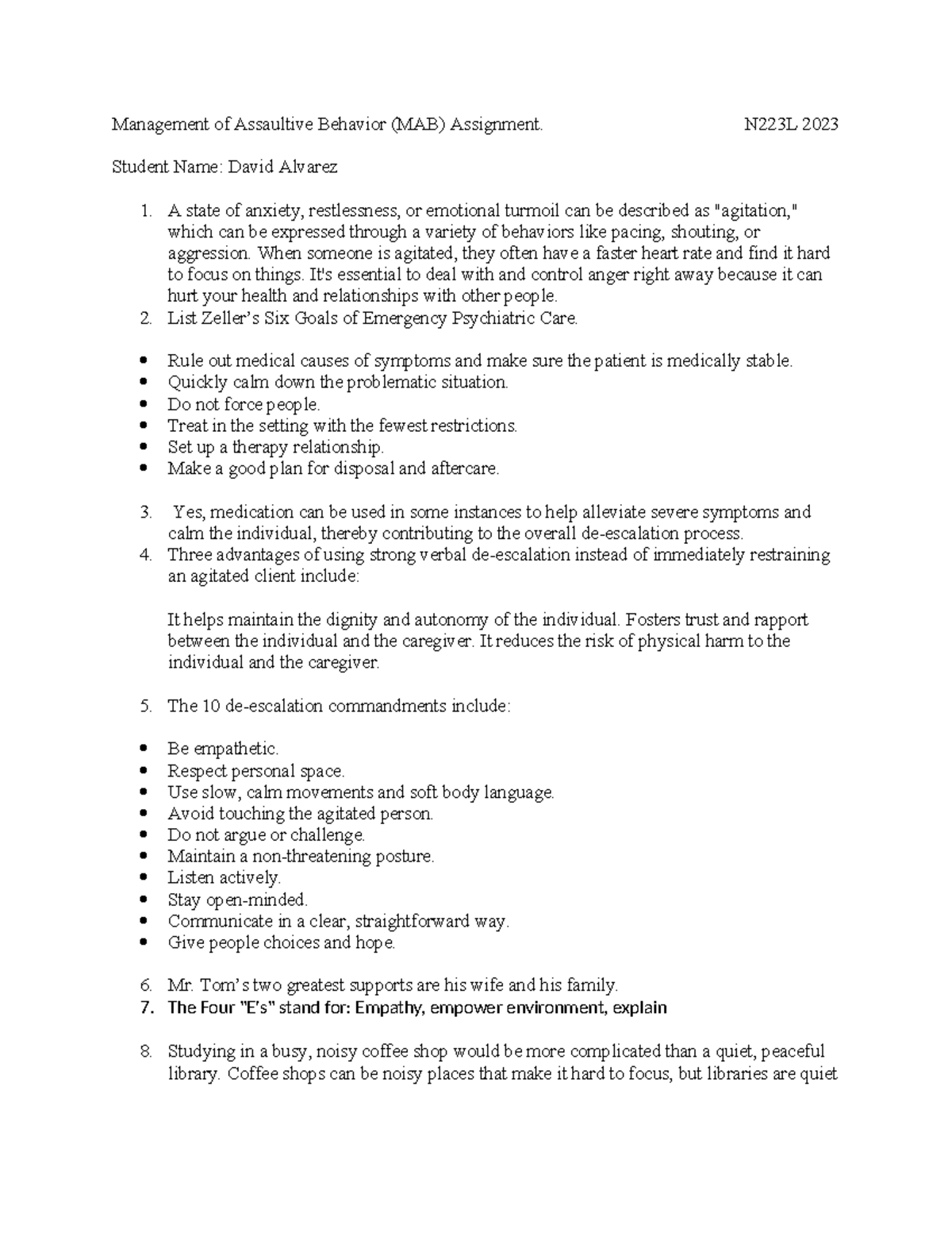 Management of Assaultive Behavior (MAB) Assignment - N223L 2023 - Studocu