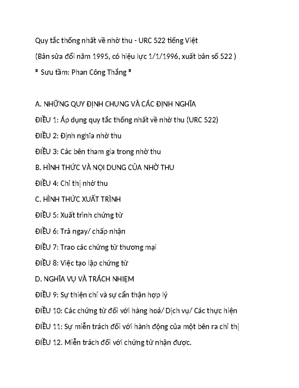 Quy tắc thống nhất về nhờ thu URC 522 - Bản sửa đổi 1995 - Studocu