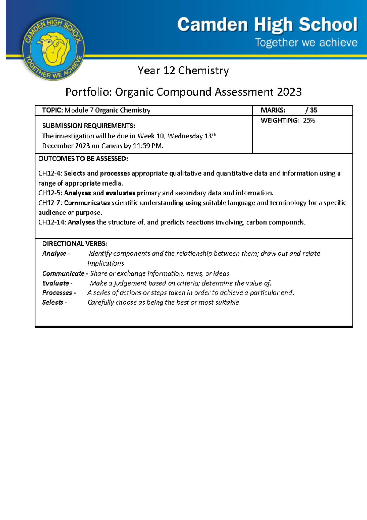 Year 12 Chemistry Portfolio: Organic Compounds & Polymers Assessment ...