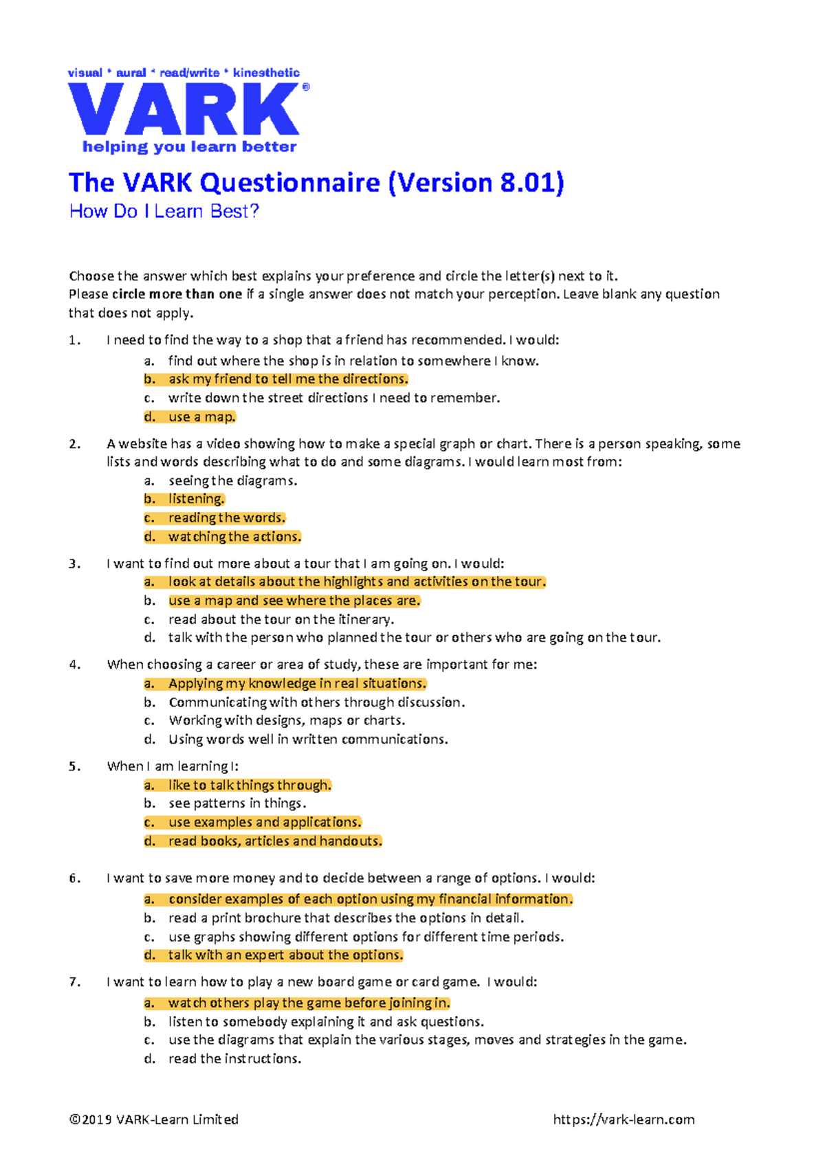 VARK Questionnaire (Version 8.01): Discover Your Learning Style - Studocu