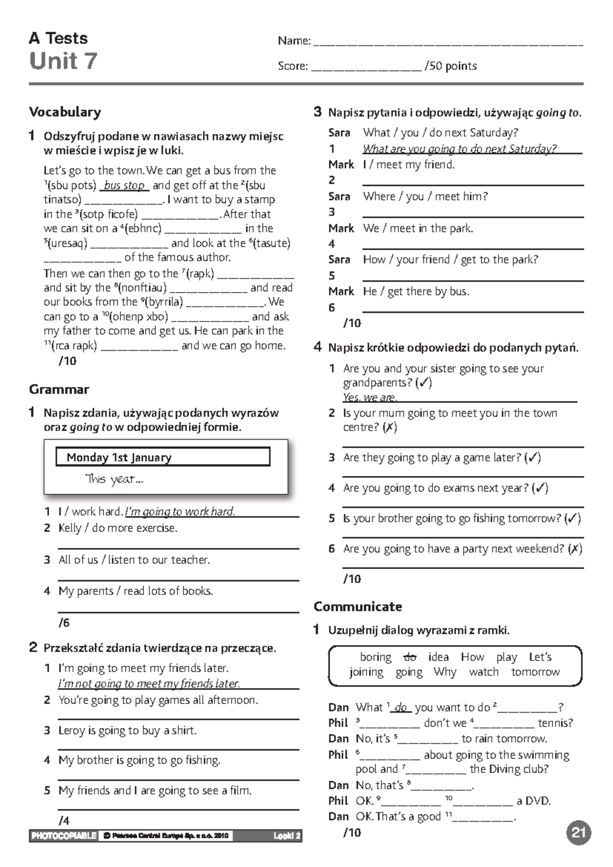 Unit Test 7A: Vocabulary and Grammar Exercises for Students - Studocu