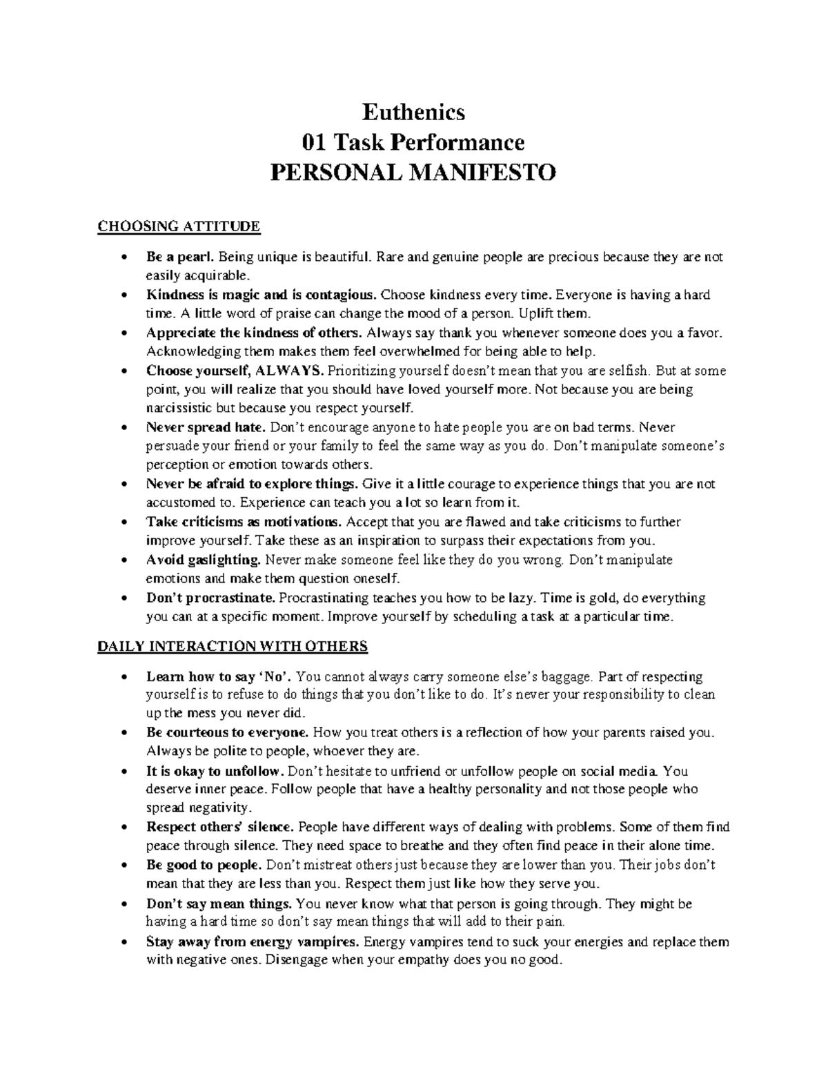 Task Performance 01 Personal Manifesto - Euthenics 01 Task Performance PERSONAL MANIFESTO ...