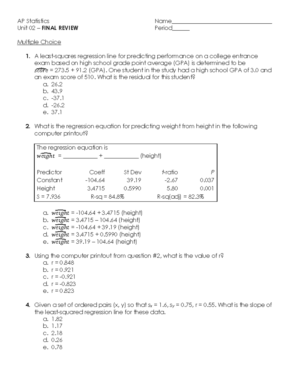 AP Stats Unit 02 Final Review - Chapter 3 Exam Questions - Studocu
