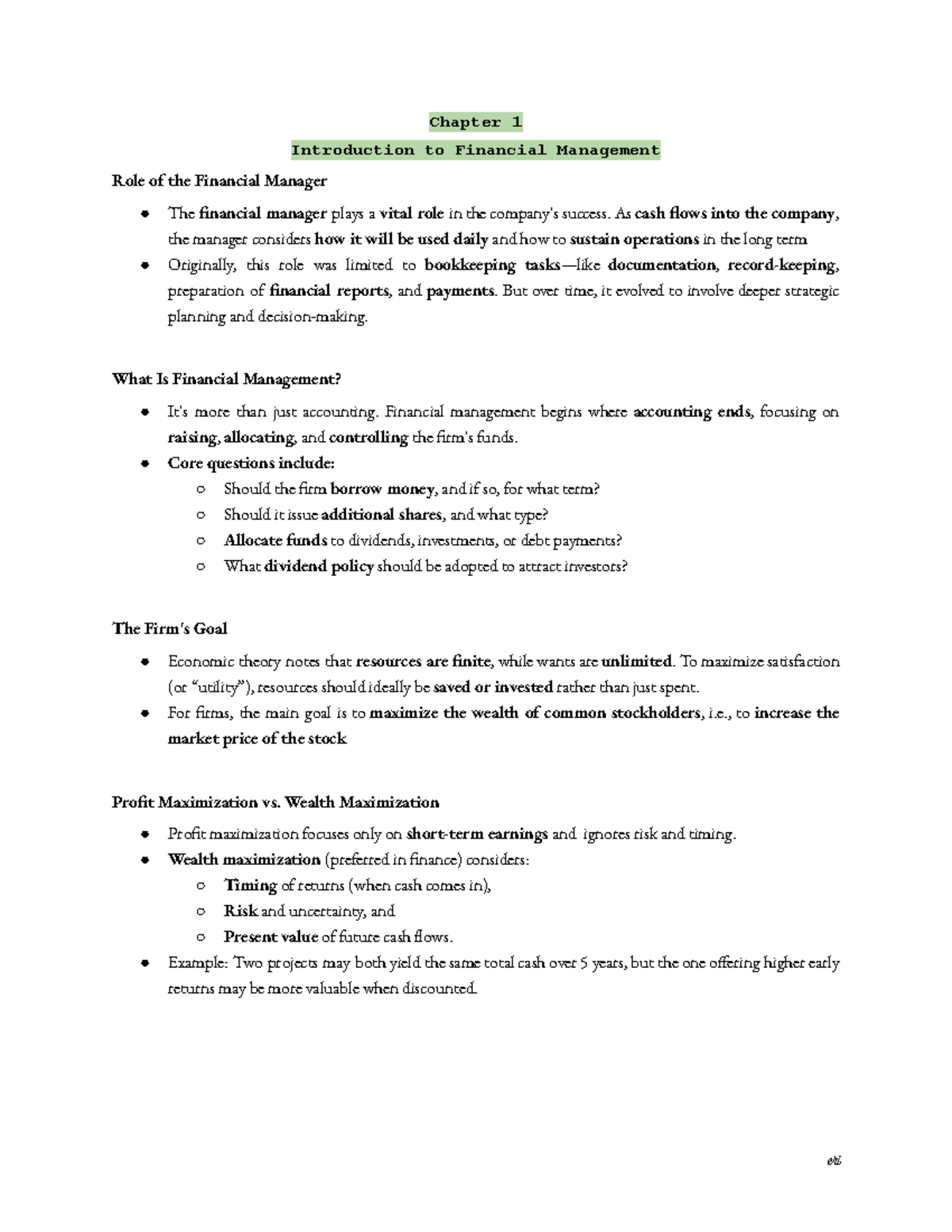 FIN081 Chapter 1: Introduction to Financial Management and Its Key ...