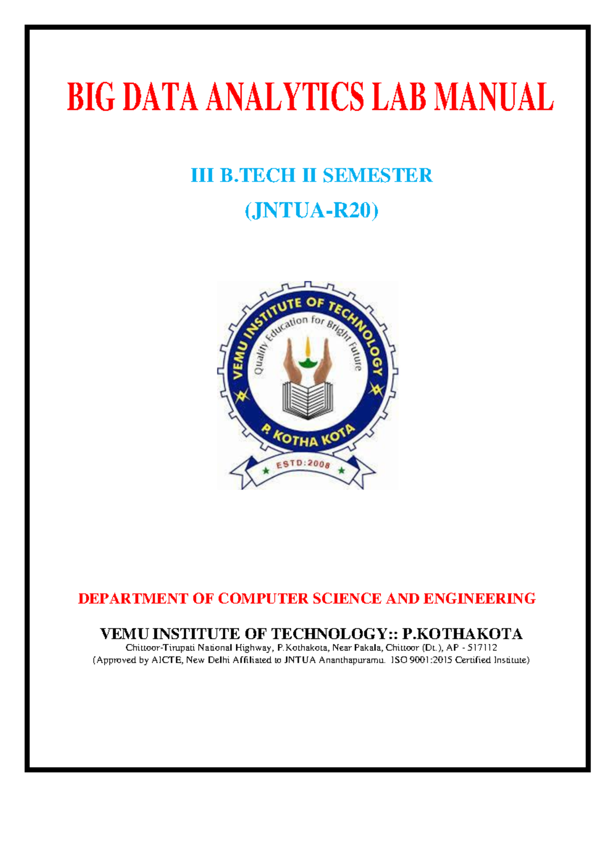Big Data Analytics Lab Manual (22SCSL26) - JNTUA III-II Semester - Studocu