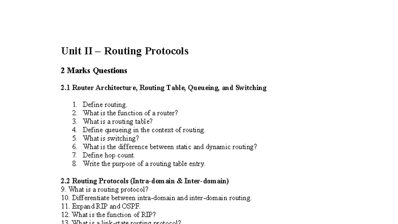 Unit II Routing Protocols: 2 Marks & 4 Marks Q&A - Studocu