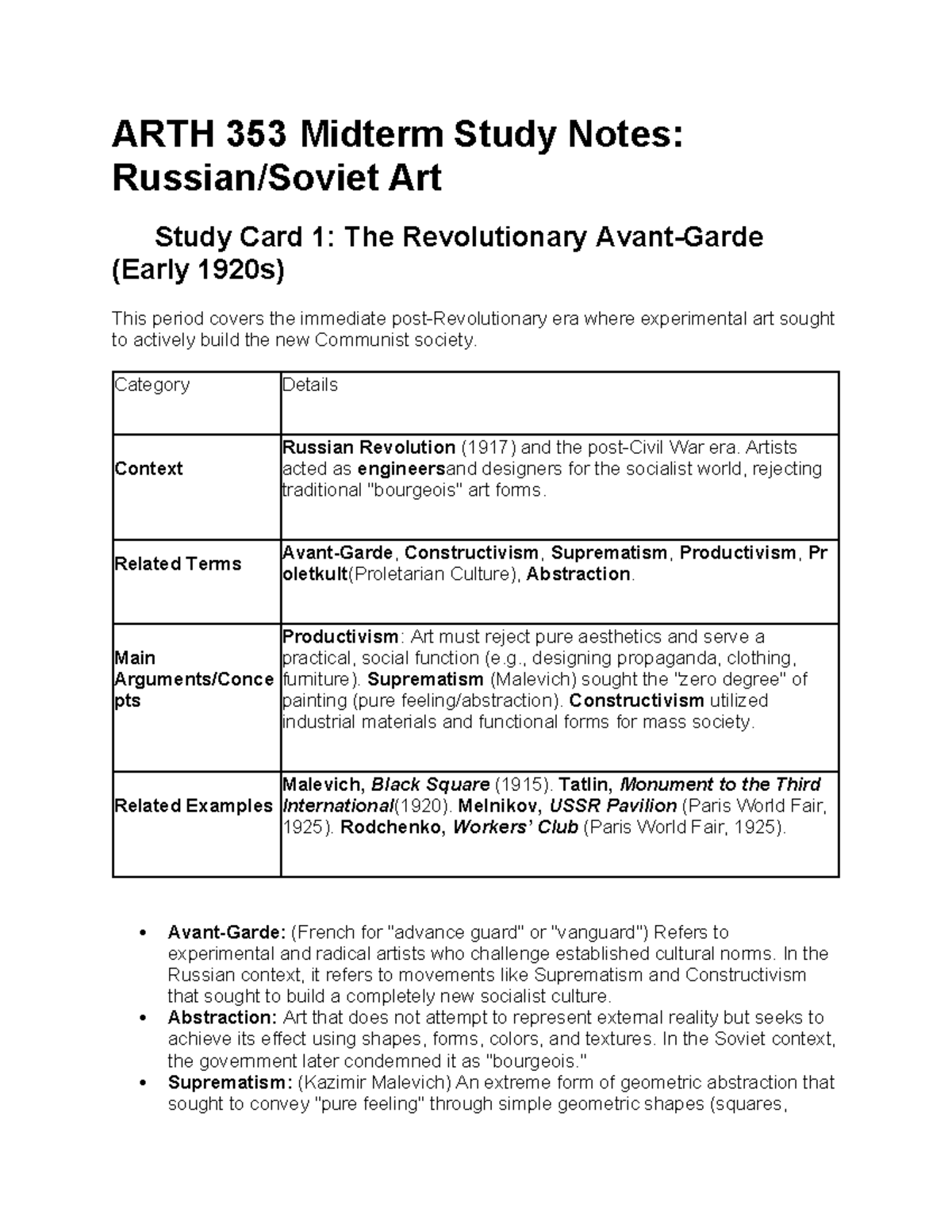 ARTH 353 Midterm Study Notes: Revolutionary Art Movements (1920s) - Studocu