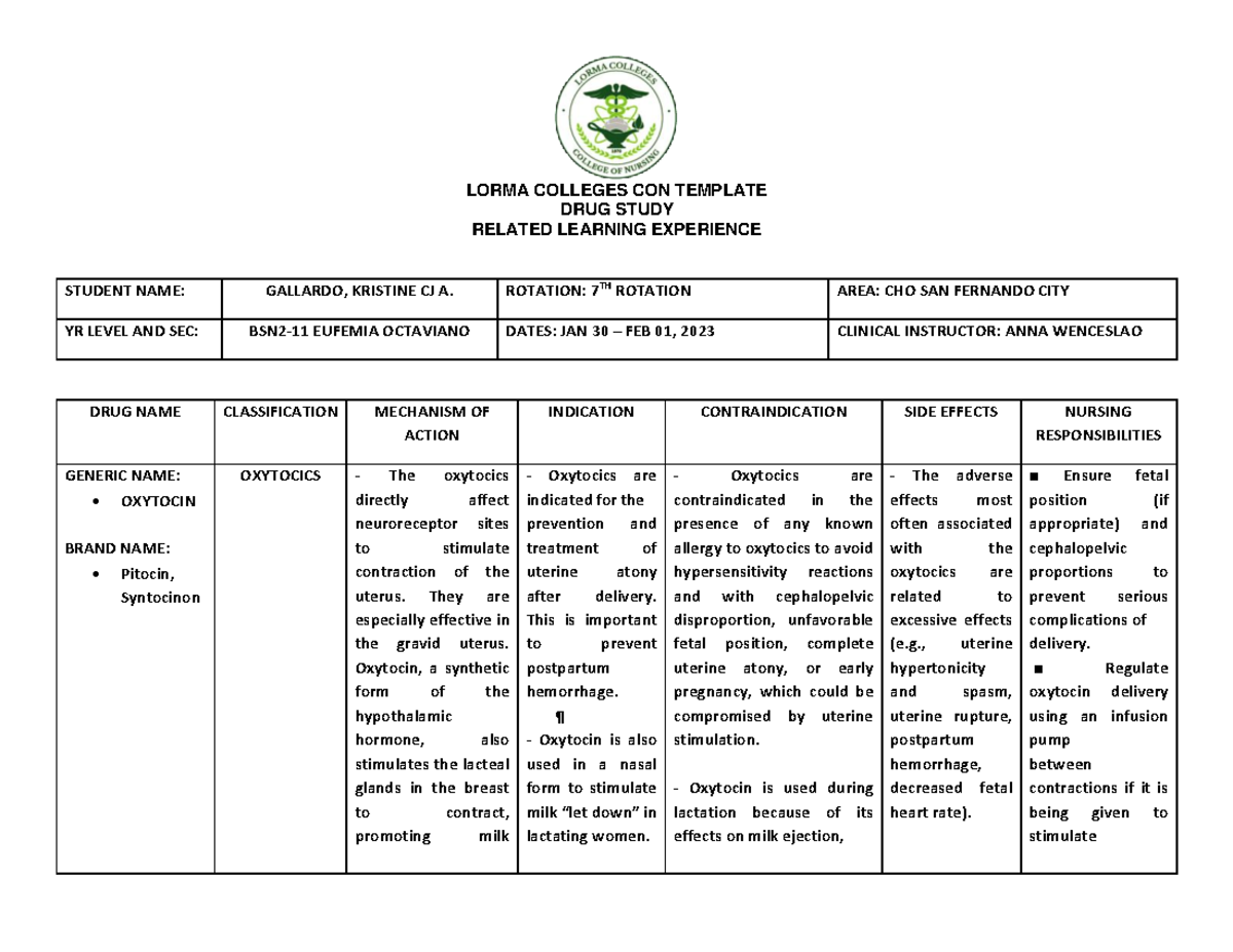 DRUG Study of Oxytocin: Pharmacology Insights (BSN2-11) - Studocu