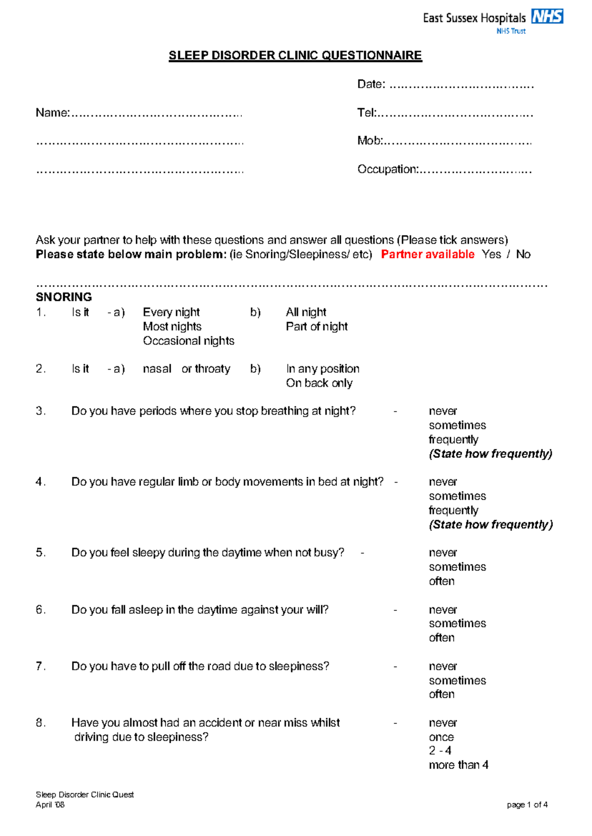 Sleep Disorder Clinic Questionnaire - Assessment Form - Studocu