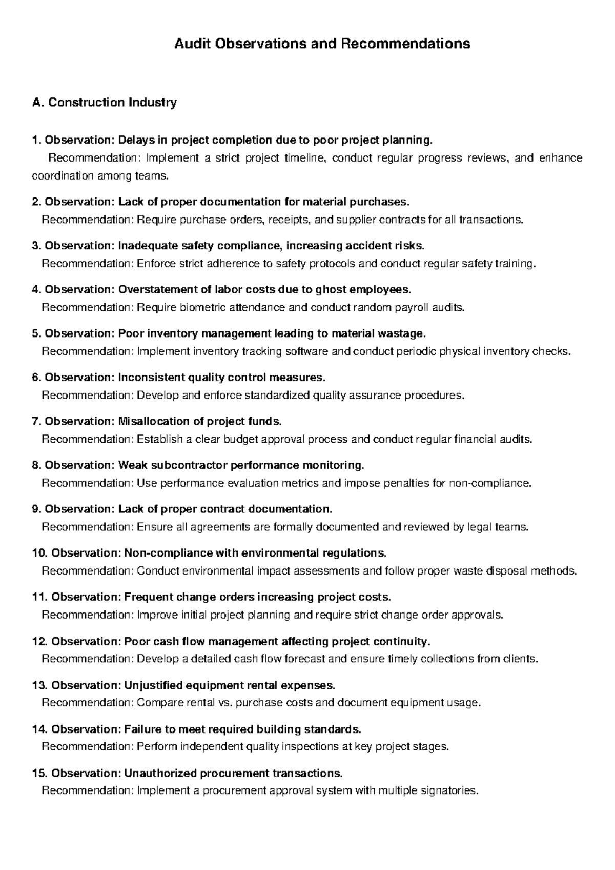 Audit Observations Recommendations - Audit Observations and ...