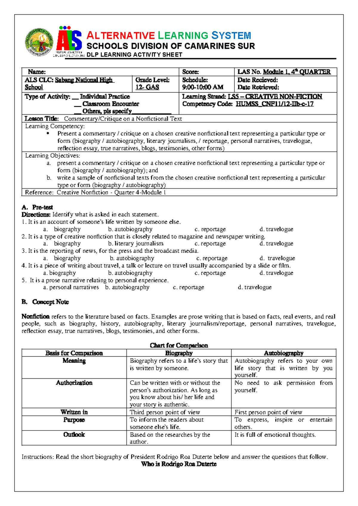 LAS Q4 M1: Creative Nonfiction Learning Activity Sheets - Studocu