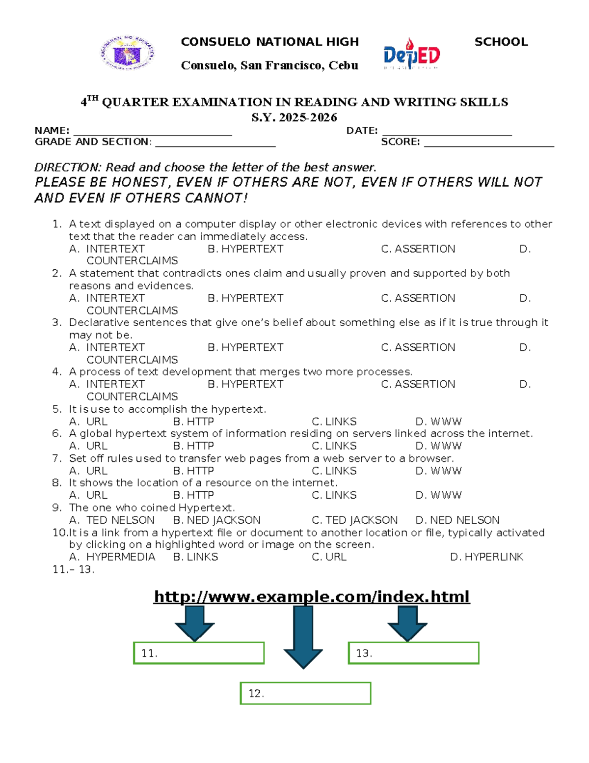 4TH QUARTER EXAMINATION IN READING AND WRITING SKILLS - Studocu