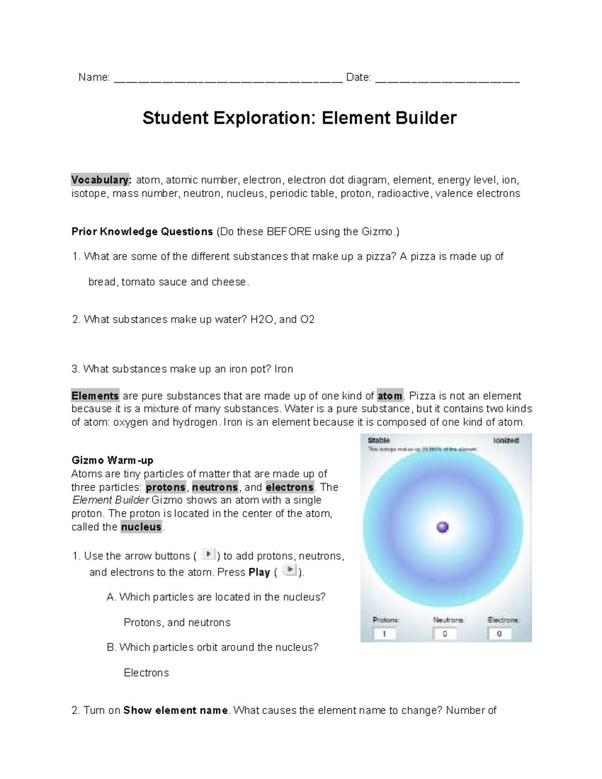 Student Exploration: Element Builder Vocabulary & Concepts - Studocu