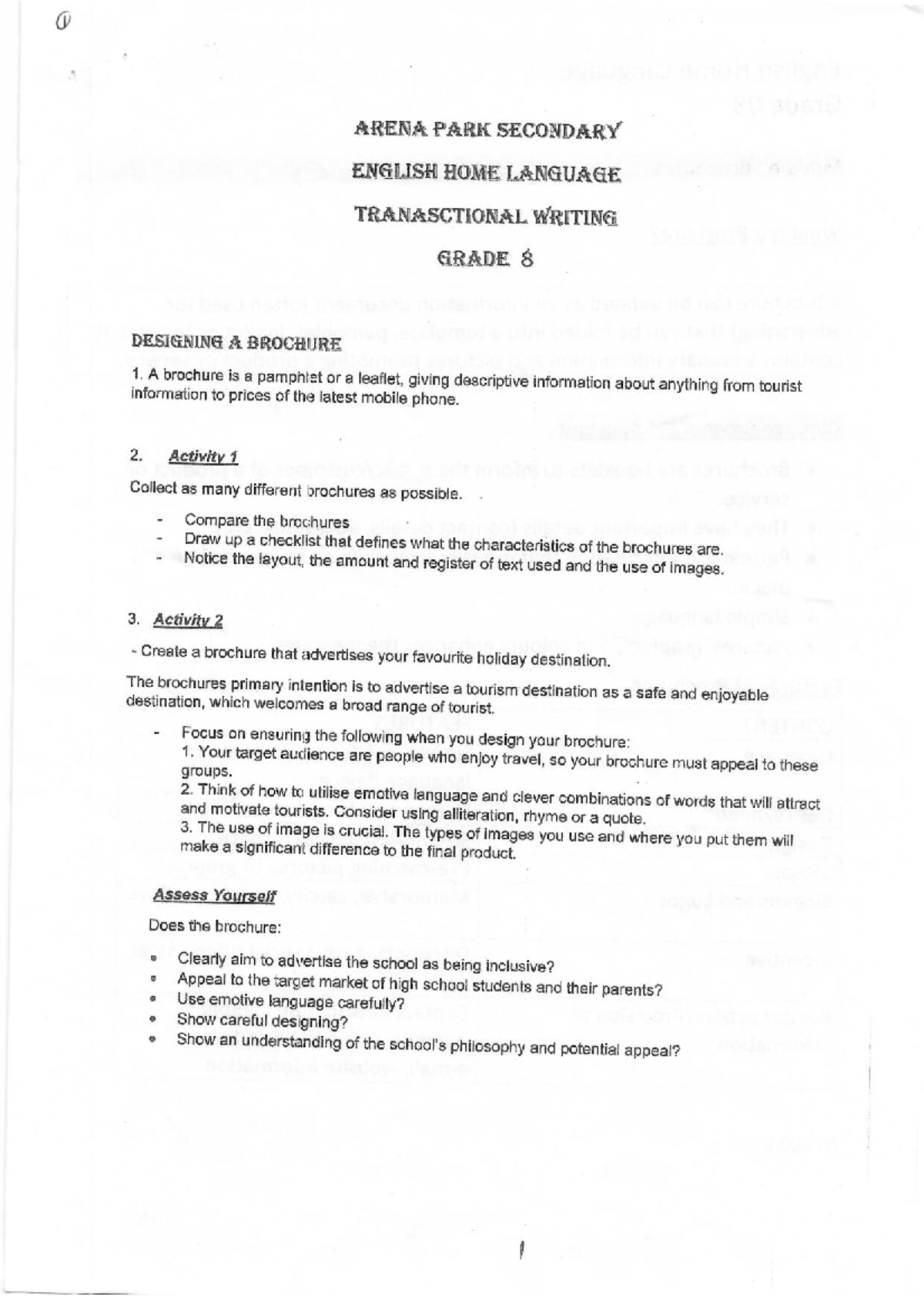 Grade 8 English HL: Designing a Brochure - Transactional Writing 241203 ...