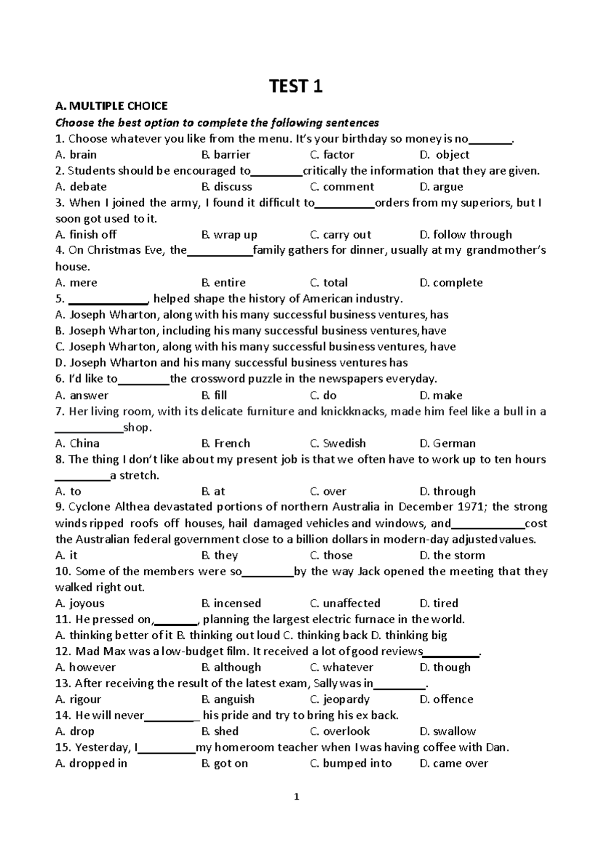 Grammar-Vocabulary Practice Tests 1-5: Comprehensive Review - Studocu