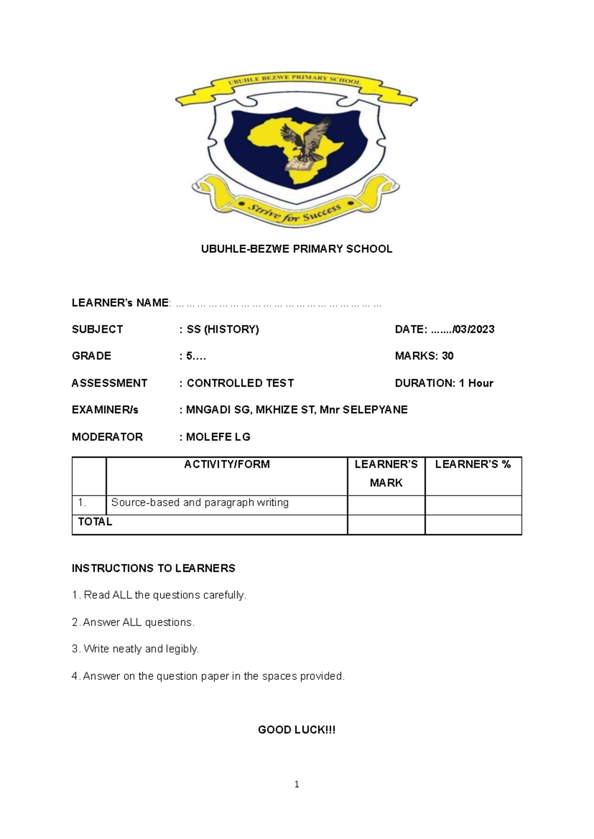 Grade 5 SS History Term 1 Controlled Test 30 Marks - Studocu
