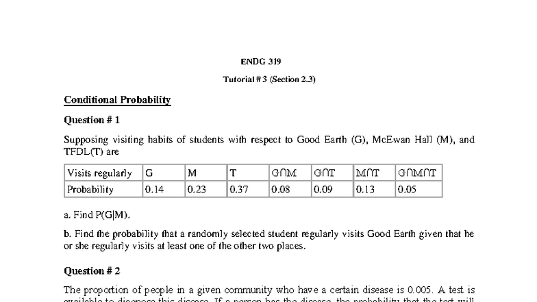 Fall 2023 ENDG 319 Tutorial 3: Conditional Probability Questions - Studocu