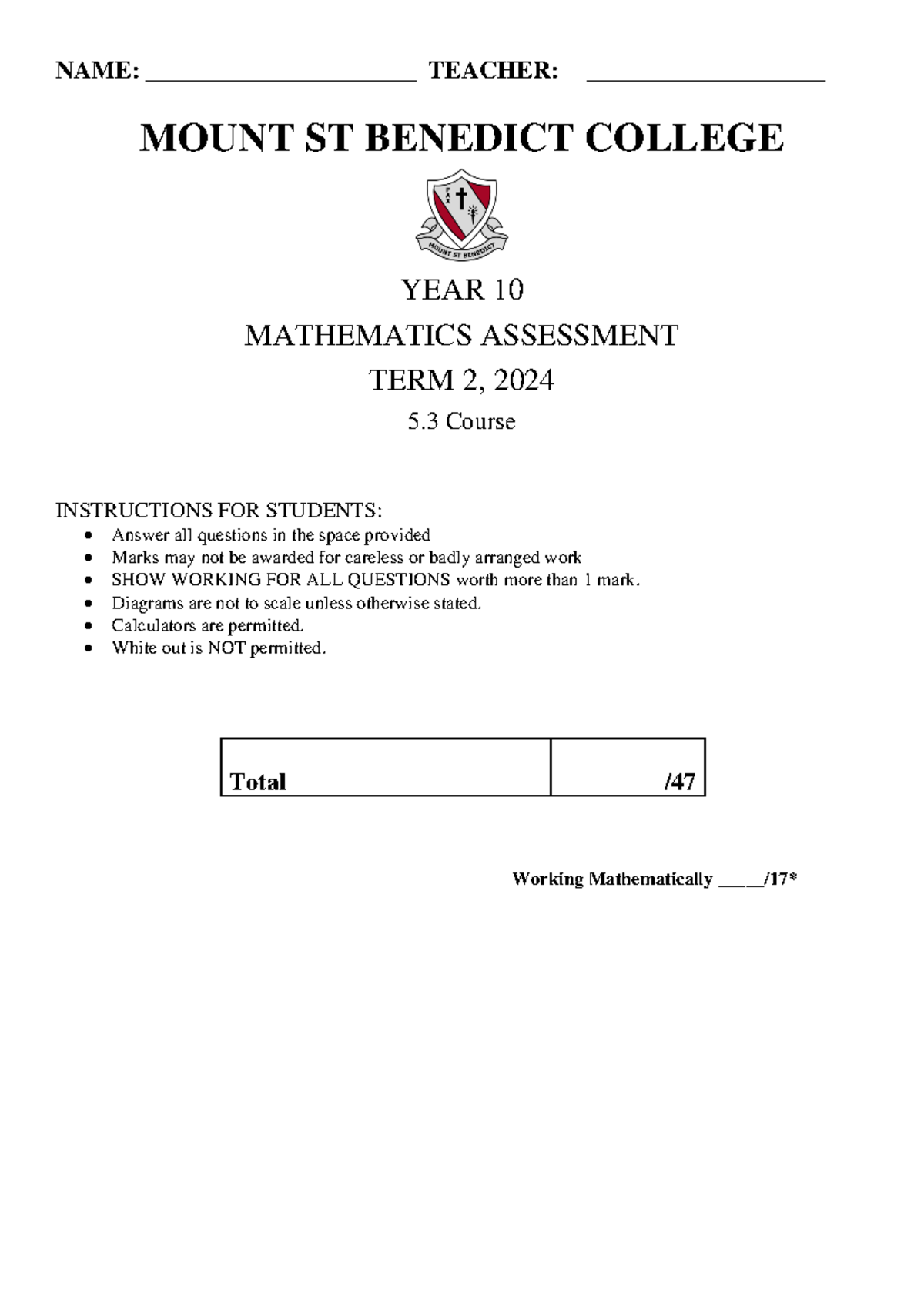 Year 10 Mathematics Assessment - Term 2, 2024 - Studocu
