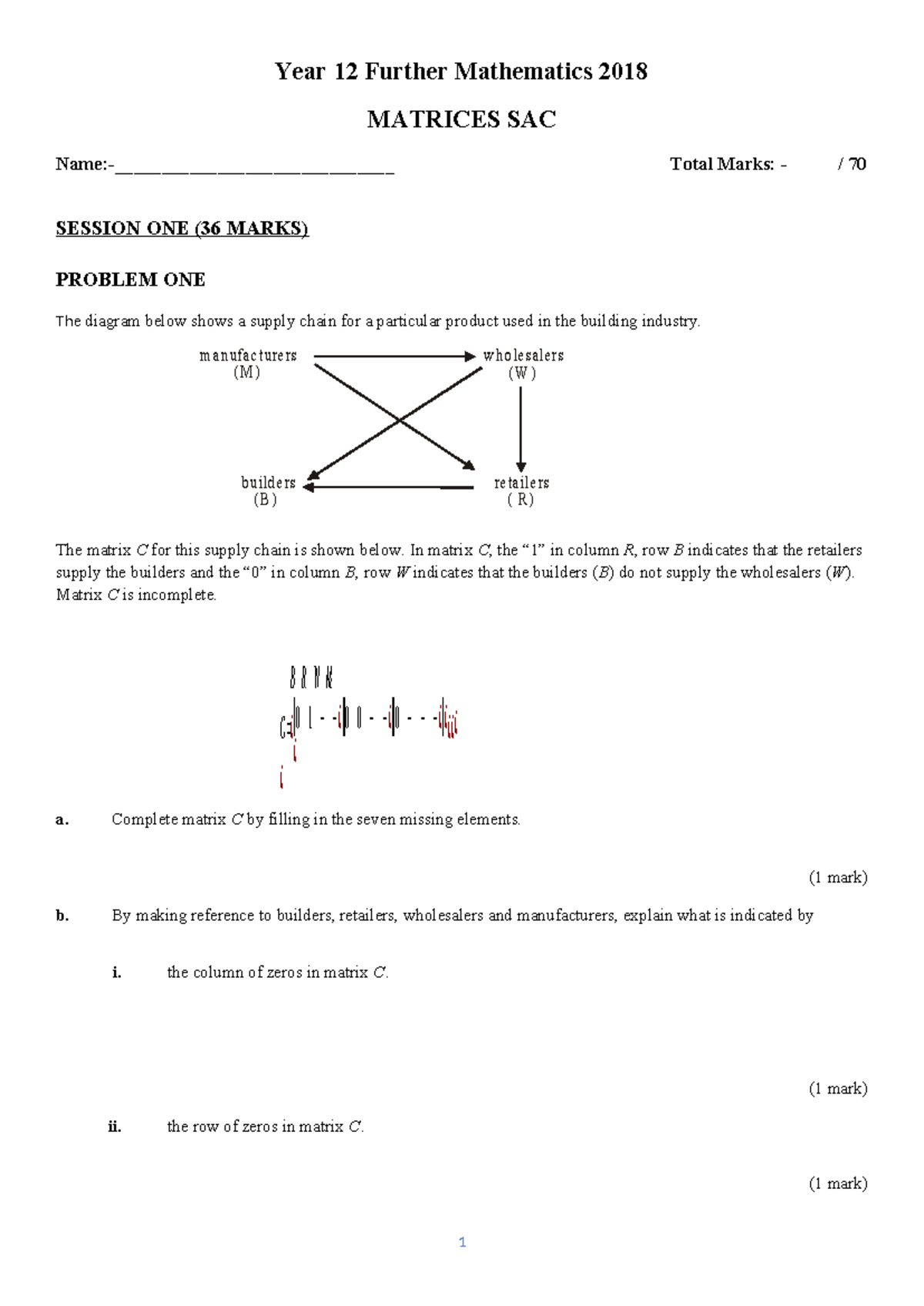 Year 12 Further Mathematics 2018 MATRICES SAC Questions and Solutions ...