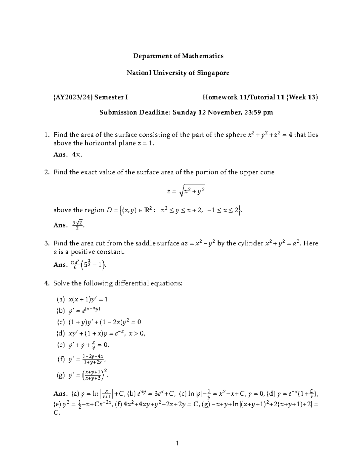 MA1521 Tutorial Homework 11 - Department of Mathematics Nationl ...
