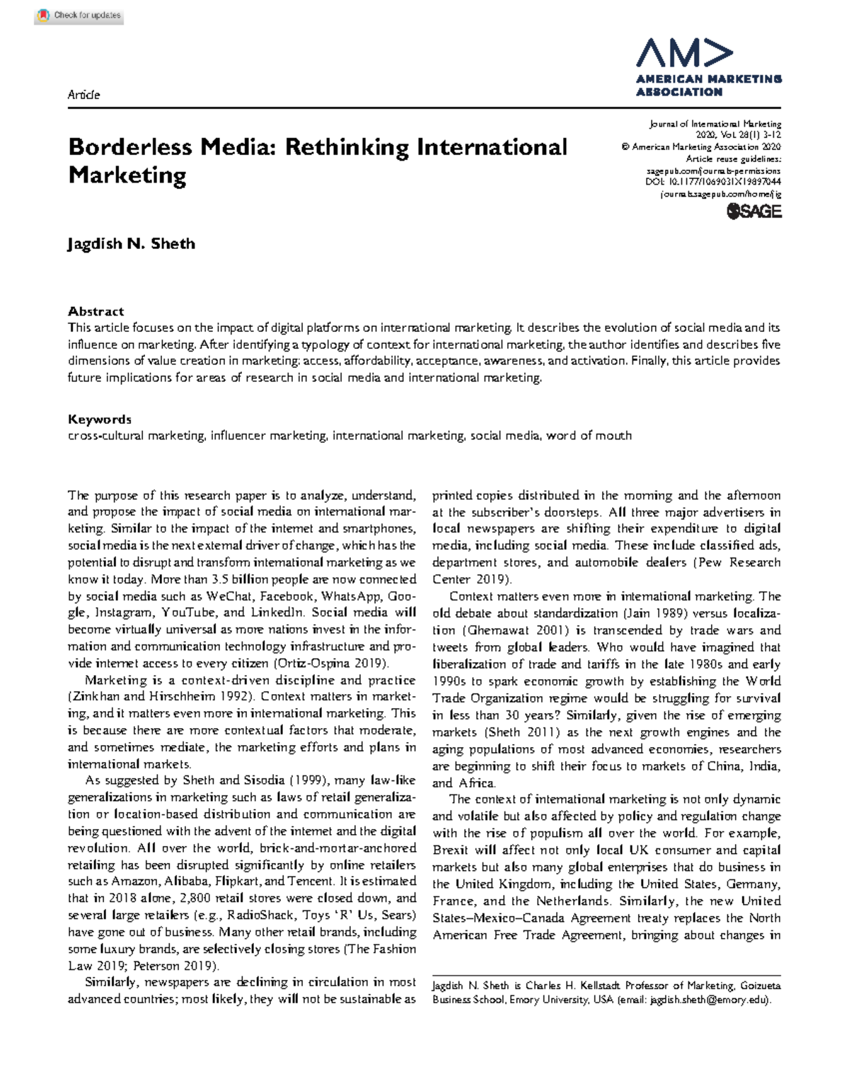 Sheth 2020-Borderless Media Rethinking International Marketing - Article Borderless Media: - Studocu