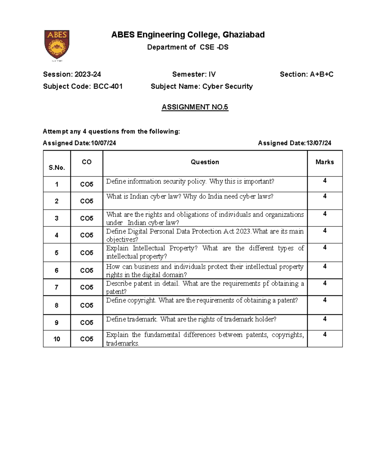 CSE IV Semester Cyber Security Assignment No. 5 Questions - Studocu