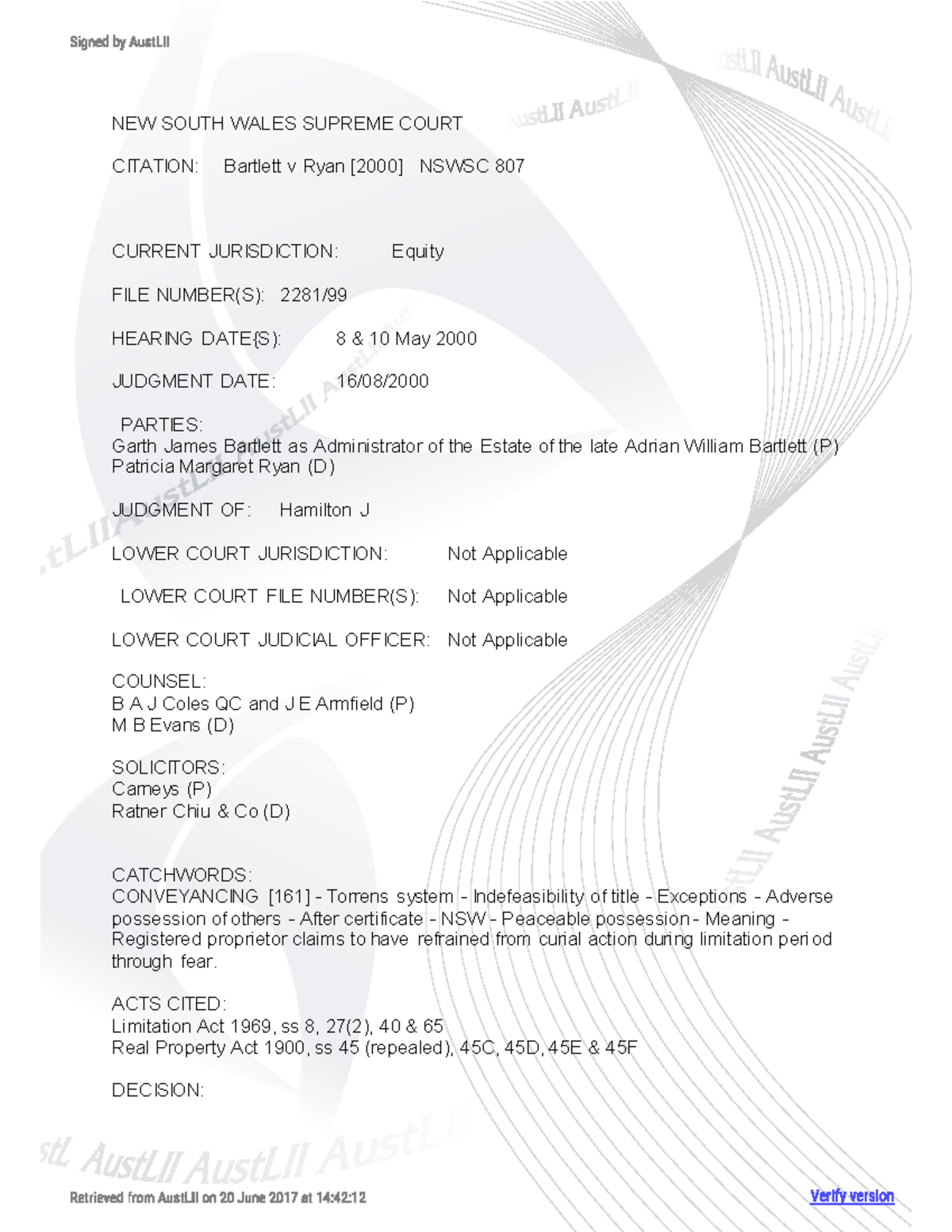 Bartlett v Ryan - Relevant Case - NEW SOUTH WALES SUPREME COURT CITATION: Bartlett v Ryan [2000 ...