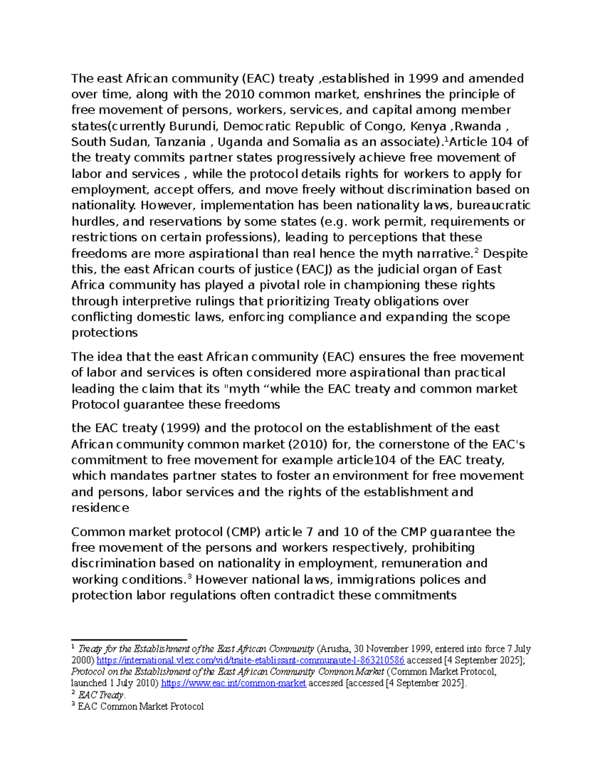 EAC Treaty and Common Market Protocol: Free Movement of Labor and ...