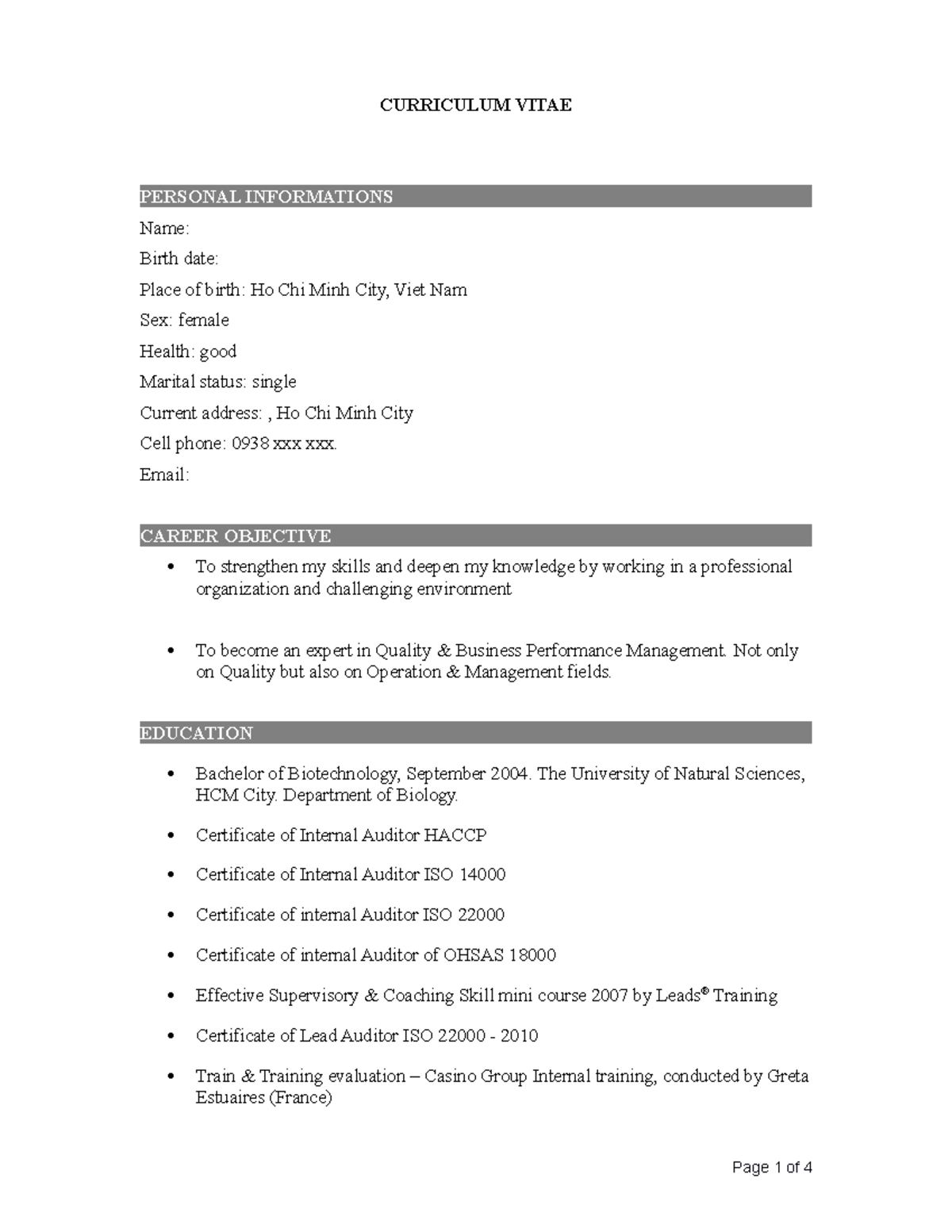 Sample Resume-QAManager - CURRICULUM VITAE PERSONAL INFORMATIONS Name ...