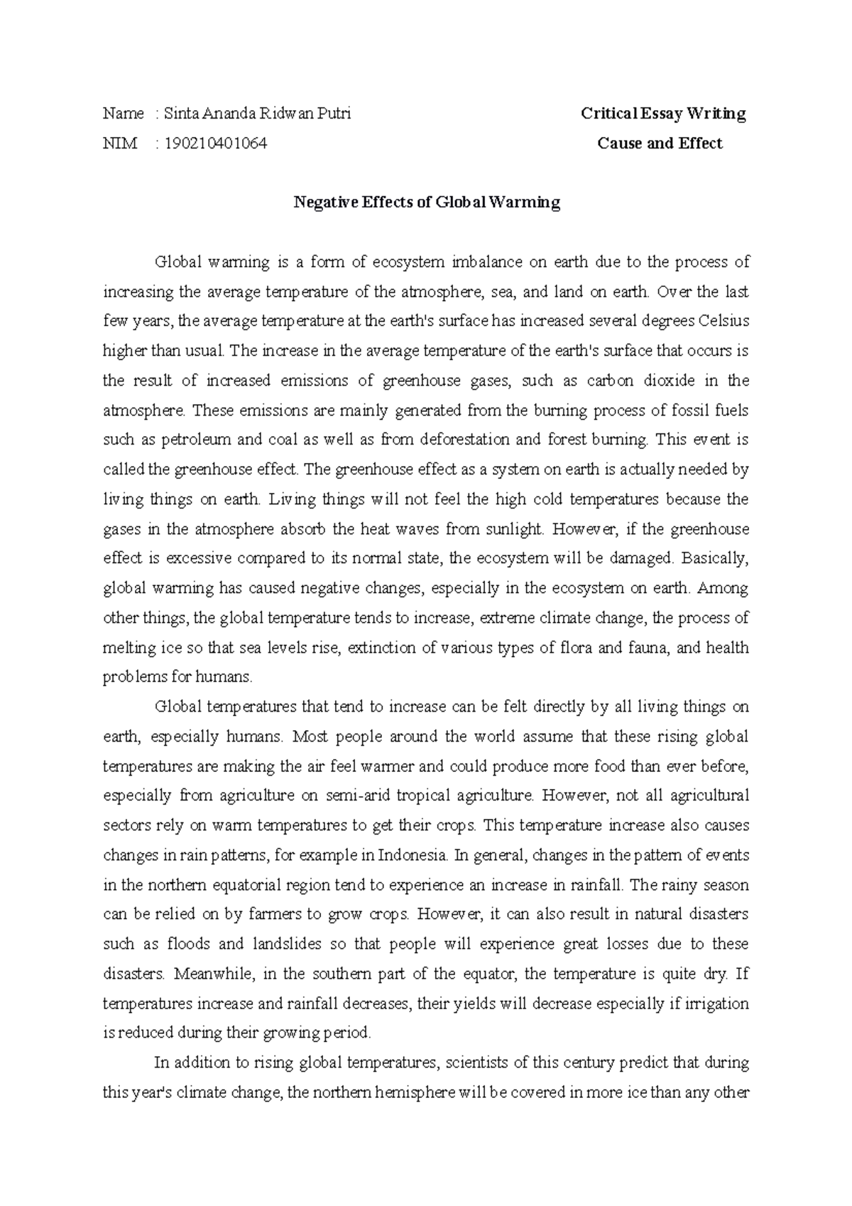 Cause and Effect Essay: Impact of Global Warming on Ecosystems - Studocu