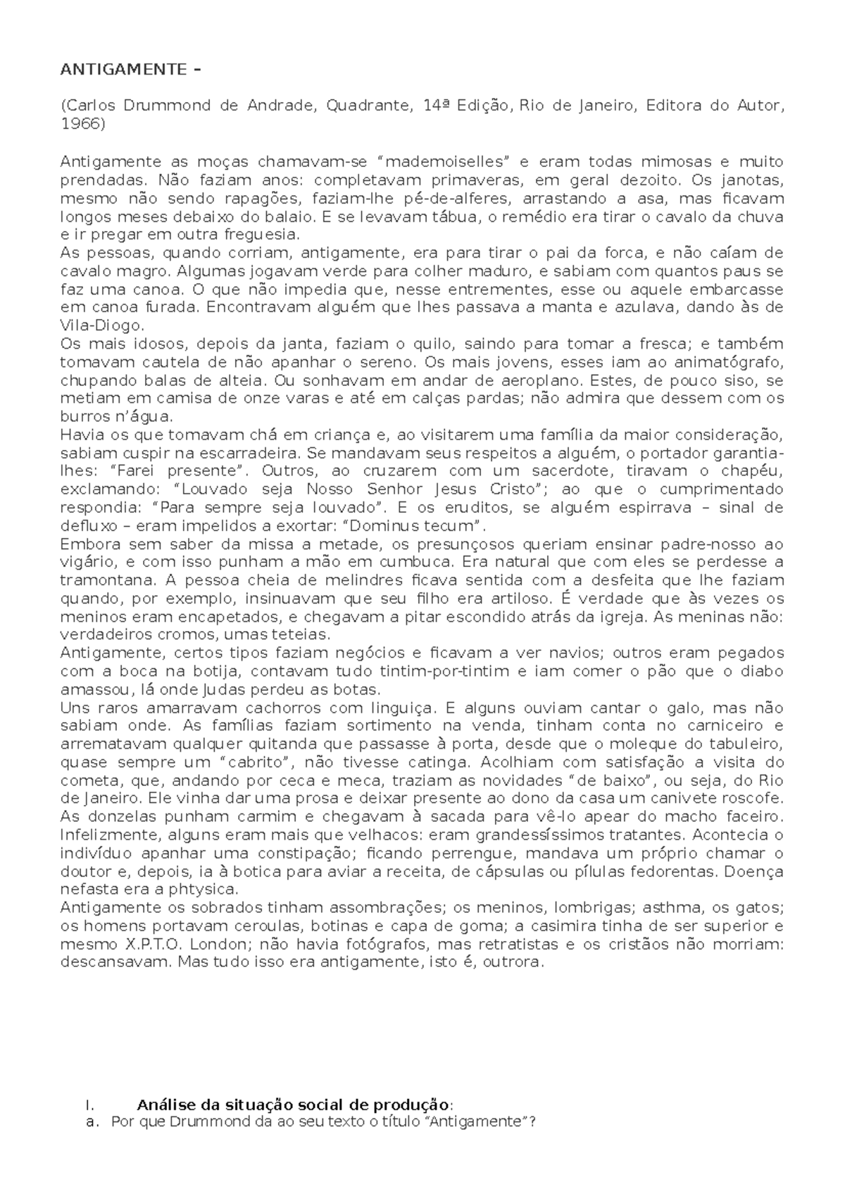 Análise do Texto "Antigamente" - Drummond (CII 2023) - Studocu