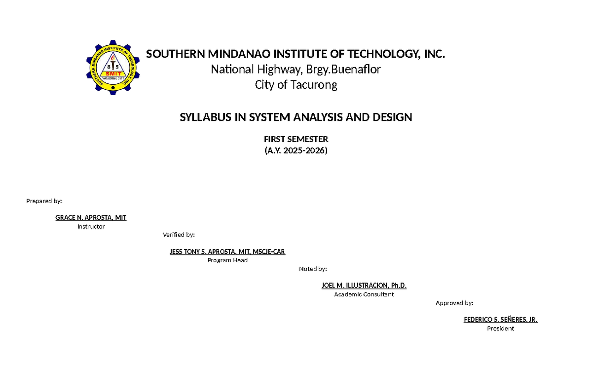 Syllabus for System Analysis and Design (SAD) 2025-2026 - Studocu