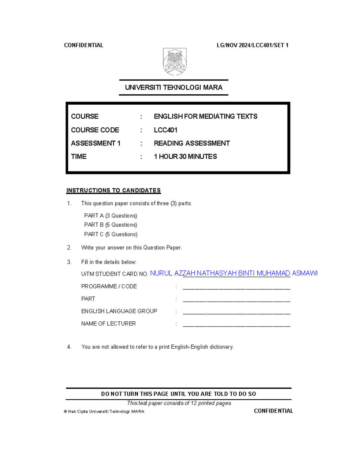 PAST YEAR LCC 401: Reading Assessment Answers and Insights - Studocu