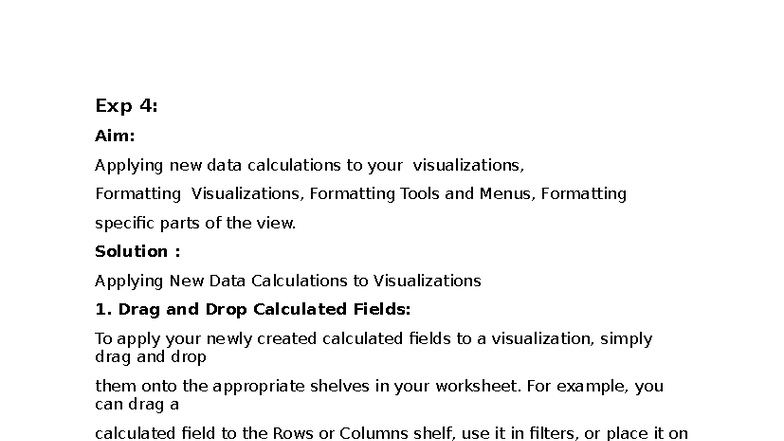 Exp 4: Tableau Data Calculations & Visualization Formatting Guide - Studocu